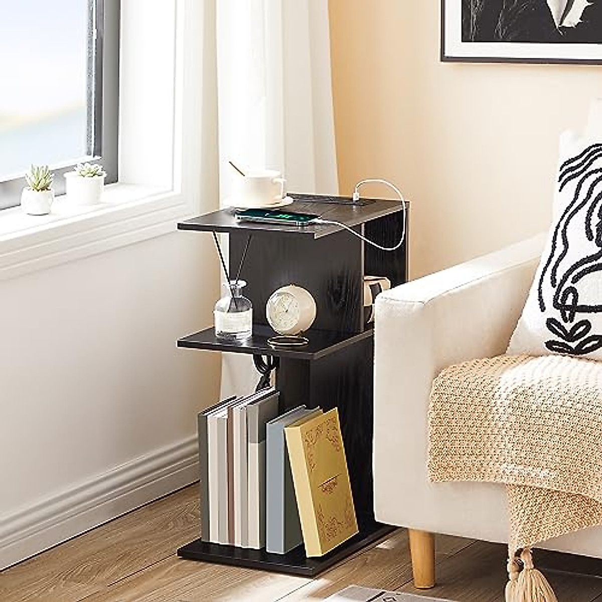 MAHANCRIS End Table with Charging Station and Black Beside Table, Narrow Side Table for Small Spaces, White Slim Nightstand with Light, Beside Table,for Bedroom, Living Room ETWT18E01Z-ETHB78E01