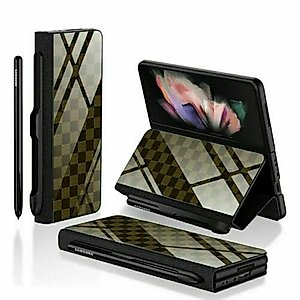 EAXER for Samsung Galaxy Z Fold 3 5G Case, Glass Material W/S Pen Slot Luxury Shockproof Anti-Slip Glossy Glass Flip Phone Case Cover (Checkerboard Brown)