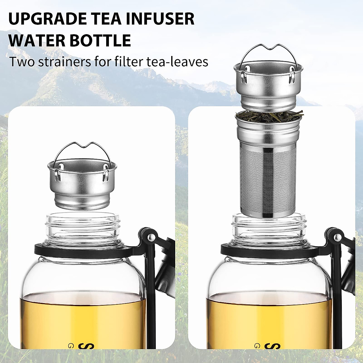 ZDZDZ Glass Infuser Water Bottle 33oz Large Tea Tumbler Glass with Neoprene Sleeve and Handle for Travel, Wide Mouth Glass Drinking Bottle