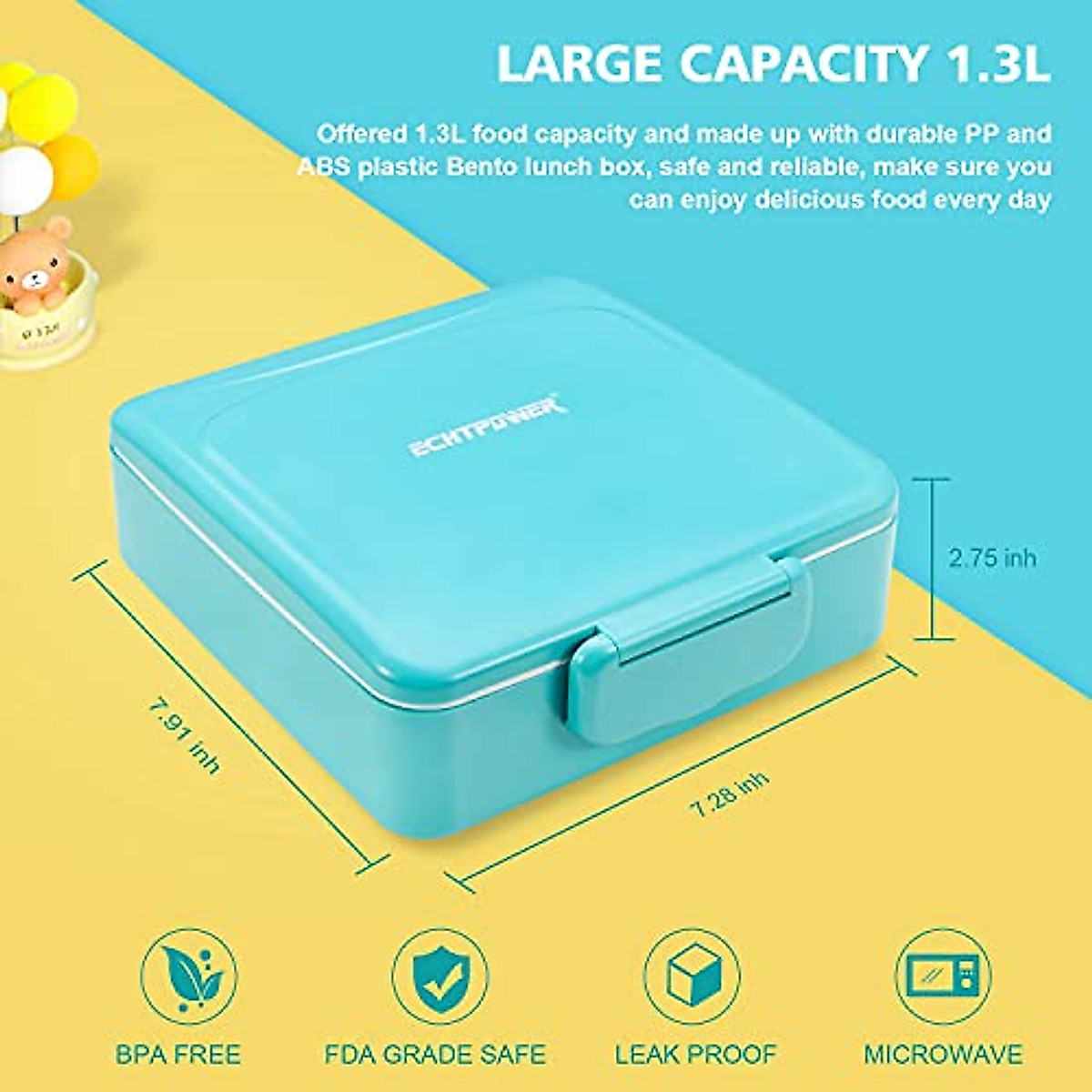 ECHTPower Bento Box, 1.3L Lunch Box with Handle Outer Box for Kids Children, Leak-Proof Lunch Containers with 4 Compartments, Extra Sauce Cup, Cutlery,Food-Safe Materials,Microwave and Dishwasher Safe