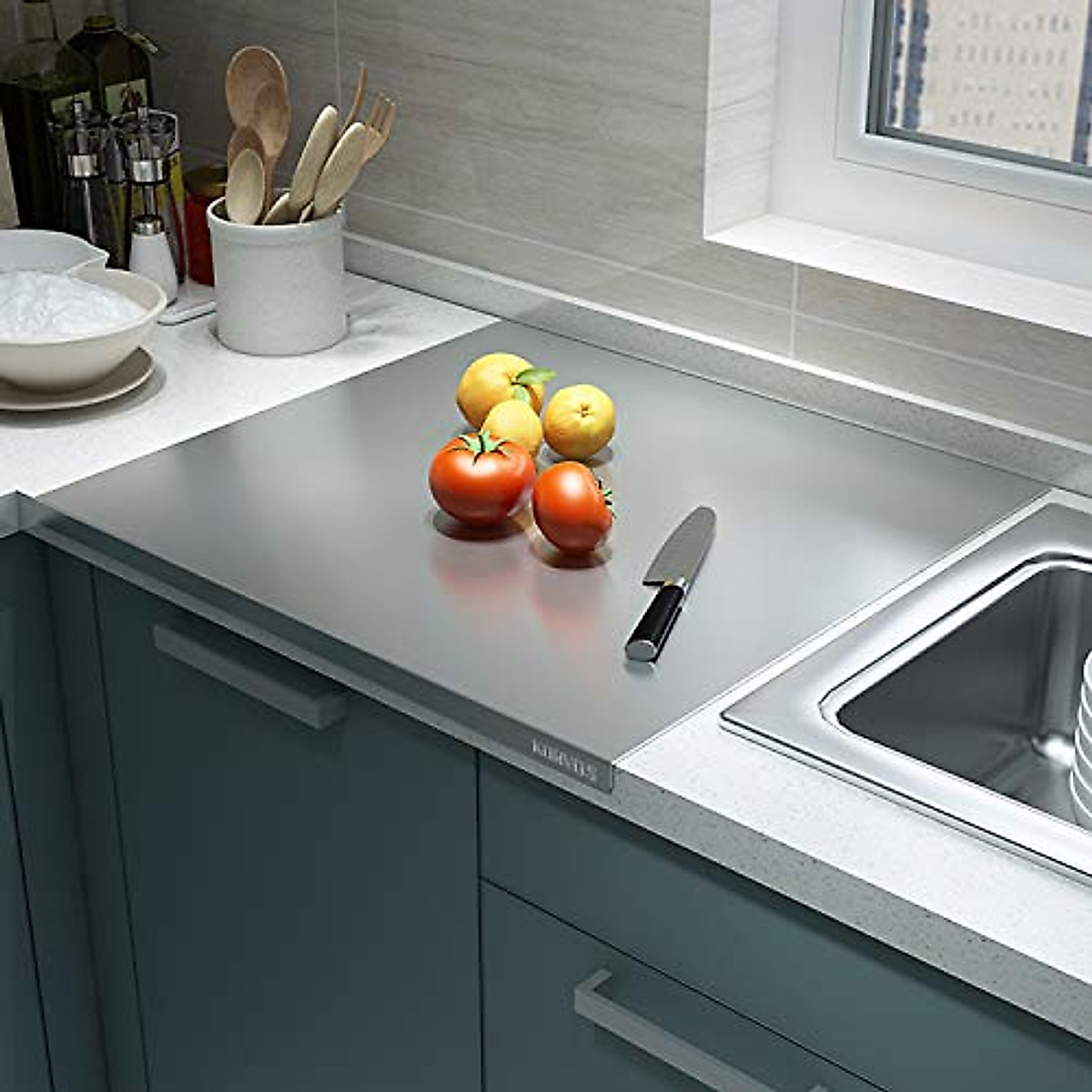 KORVOS 304 Cutting Boards, Large Stainless Steel Cutting Chopping Boards, Heavy Duty Baking Board with Lip for Kitchen, Pastry Board for Meat, Vegetables, Bread (size:23.6" X 19.6")