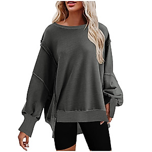 items sold and shipped by amazon only Womens Oversized Casual Slit Y2K Pullover Top Crewneck Long Sleeve Corded Sweatshirts Fall Outfits 2023 Winter Clothes Dark Gray M