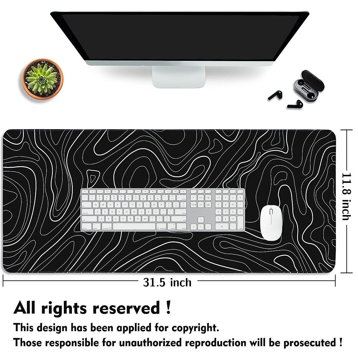 UJoowalk Topographic Gaming Mouse Pad, Large, Black and White, 31.5 x 11.8 in