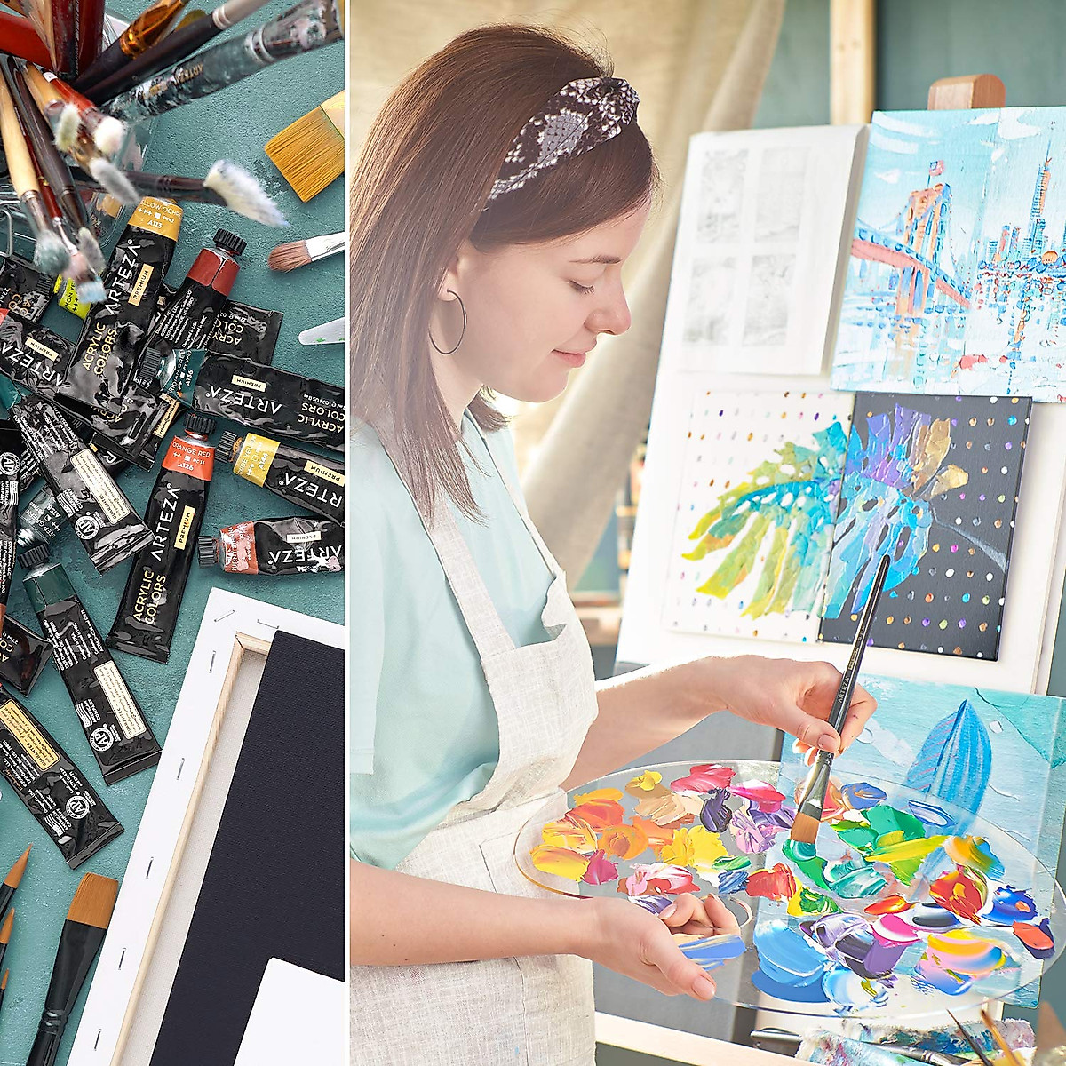 ARTEZA Professional Art Set Includes Acrylic, Gouache, and Watercolor Paint Set, Glitter Gel Pens, Brushes, Canvases, Watercolor and Canvas Paper, Art Supplies for Professional and Hobby Artists