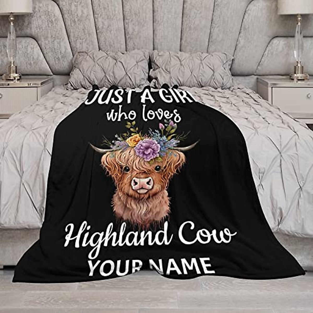 Custom Highland Cow Blanket Gifts, 60"x80" Cute Farm Animal Blanket for Girls Adults, Soft Cozy Fleece Plush Warm Flannel Blankets for Sofa Bed Couch