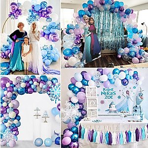 Frozen Balloon Garland Arch Kit Snow Blue and Purple White Balloons Birthday Snowflake Foil Balloons for Princess Winter Wonderland Gir Frozen Theme Birthday Party Supplies Decorations