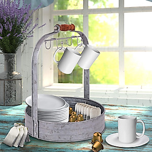 Autumn Alley Rustic Farmhouse Galvanized Coffee Mug Rack Organizer for Kitchen Counter | Mug Tree with Cup Hooks and Basket for Storage of k Cups and Accessories | Perfect for Coffee Bar