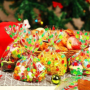 50 Counts 15 x 25 cm Flat Clear Cellophane Treat Bags Block Bottom Pumpkin Halloween Patterned Storage Bags Sweet Bags With 300 Pieces Twist Ties For Halloween Christmas Party Favor (Red Green Dot)