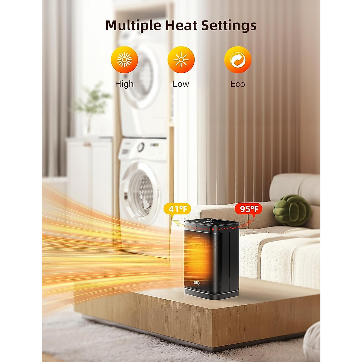 Space Heater Indoor, JRD 1500W PTC Portable Electric Heater with 80°Oscillation, Thermostat, 12h Timer, Fast Heat, Eco Mode, Remote, Small Quiet Safe Room heater Desk Heater for Office Bedroom Home