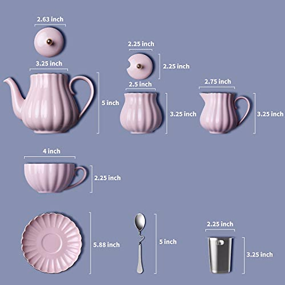 Amazingware Porcelain Tea Set - Tea Cup and Saucer Set Service for 6, with 28 oz Teapot Sugar Bowl Cream Pitcher Teaspoons and Tea Strainer - for Thanksgiving - Pumpkin Fluted Shape, Pink