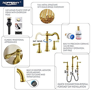 Roffenny Brushed Gold Bathroom Faucet 3 Hole, 8 inch Widespread Bathroom Sink Faucets Brushed Gold with Pop-up Drain Assembly, Traditional Two Handle Bath Vanity Faucet, 8" Spread Bathroom Faucets