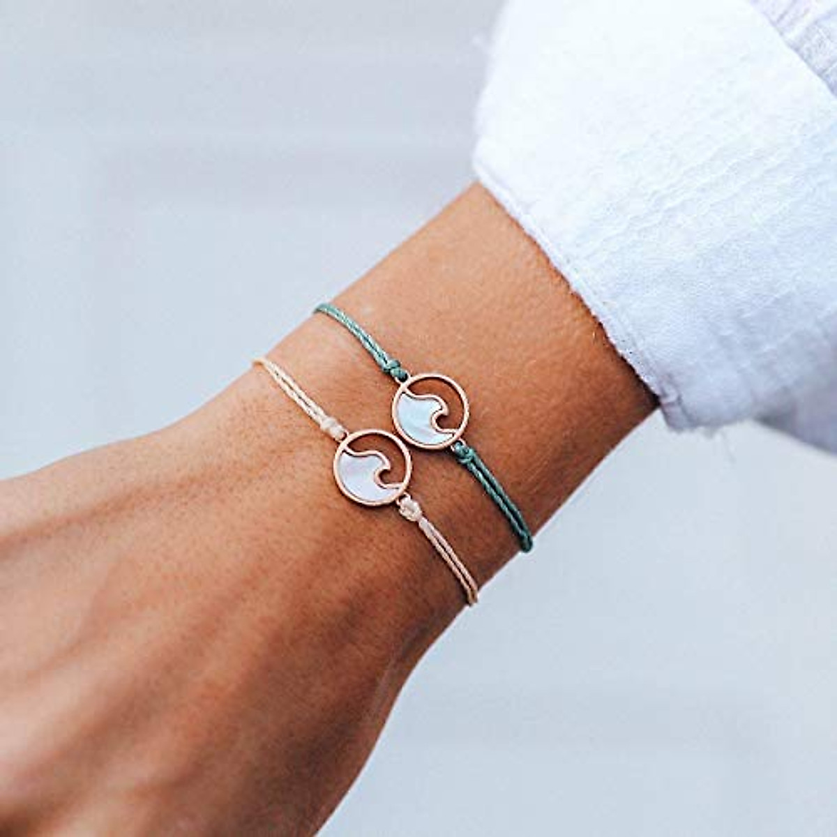 Pura Vida Rose Gold Stone Wave Bracelet w/Plated Charm - Adjustable Band, 100% Waterproof - Vanilla