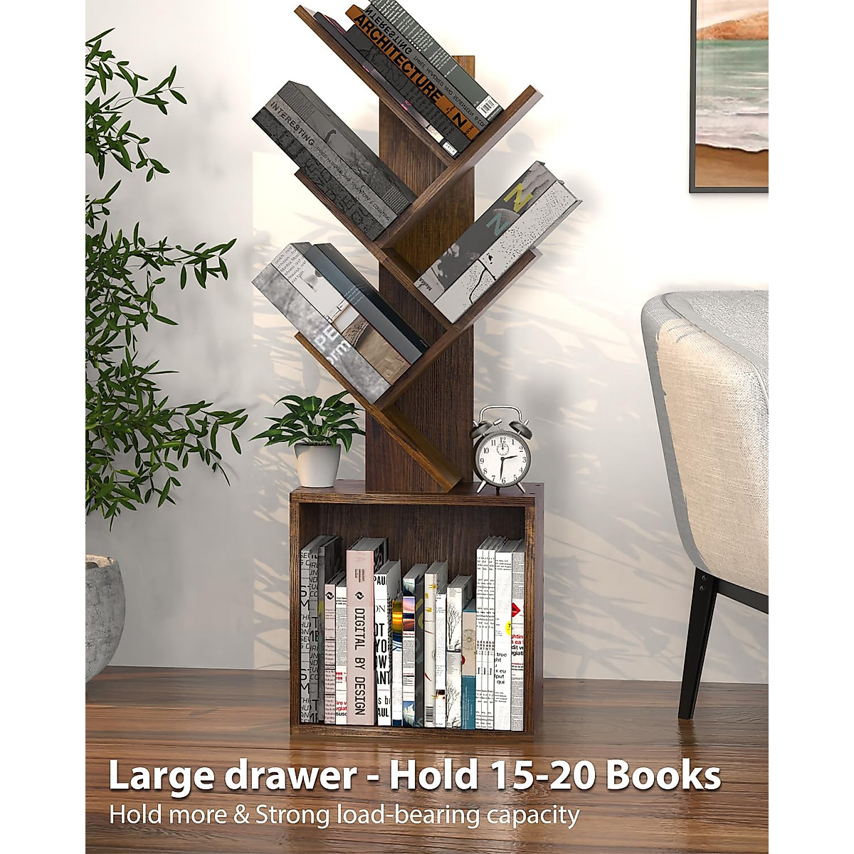 Ochine Tree Bookshelf, 5 Tier Small Bookcase with Large Drawer, Tall Wood Narrow Bookshelves Organizer for CDs/Movies/Books, Floor Standing Book Shelf for Bedroom, Living Room, Home Office Christmas