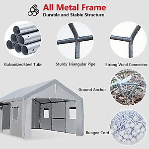 ACONEE Carport 10×20 FT Portable Garage, Heavy Duty Garage Car Port Canopy with Roll-up Doors & Removable Sidewalls, Garage Boat Shelter Tent, 180g PE Waterproof Canopy for Pickup Truck, Grey