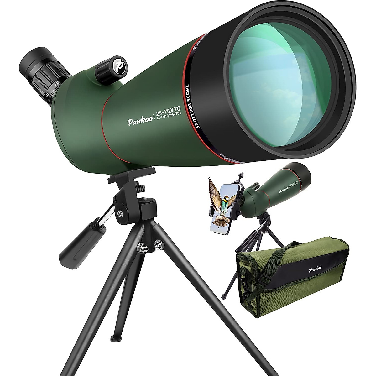 PankooFamily 25-75X70 HD Spotting Scope Hunting Spotting Scopes with Smartphone Mount Kit, Tripod and BAK4 45 Degree Angled Eyepiece Telescope for Bird Watching Target Shooting Wildlife