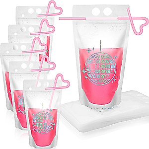 Hoolerry 72 Pcs Disco Pouches for Drinks Adult Drink Pouches 70s Disco Party Drink Pouches with Straws Resealable Disco Theme Drink Bags Plastic Zipper Clear Juice Pouches for Party Supplies (Classic)