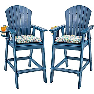 Sundale Outdoor Adirondack Bar Chairs Set of 2, Patio HDPE Bar Stools with Backrest, 30 Inch Seat Height Bistro Tall Dining Counter Barstools with Cushion, All-Weather Pub Height Chair, Navy Blue