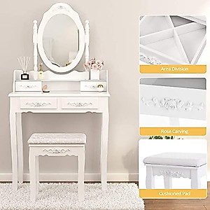Girls Makeup Vanity Set with Mirror & Stool, Rose Carving Makeup Table, 4 Drawer White Dressing Desk for Bedroom
