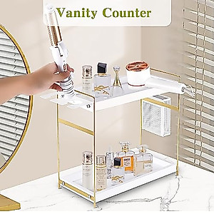 Bathroom Countertop Organizer with Hair Tool Storage Organizer, 2 Tier Bathroom Organizer Countertop with Hair Blow Dryer Holder, White Bathroom Counter Organizer with Basket for Vanity Counter