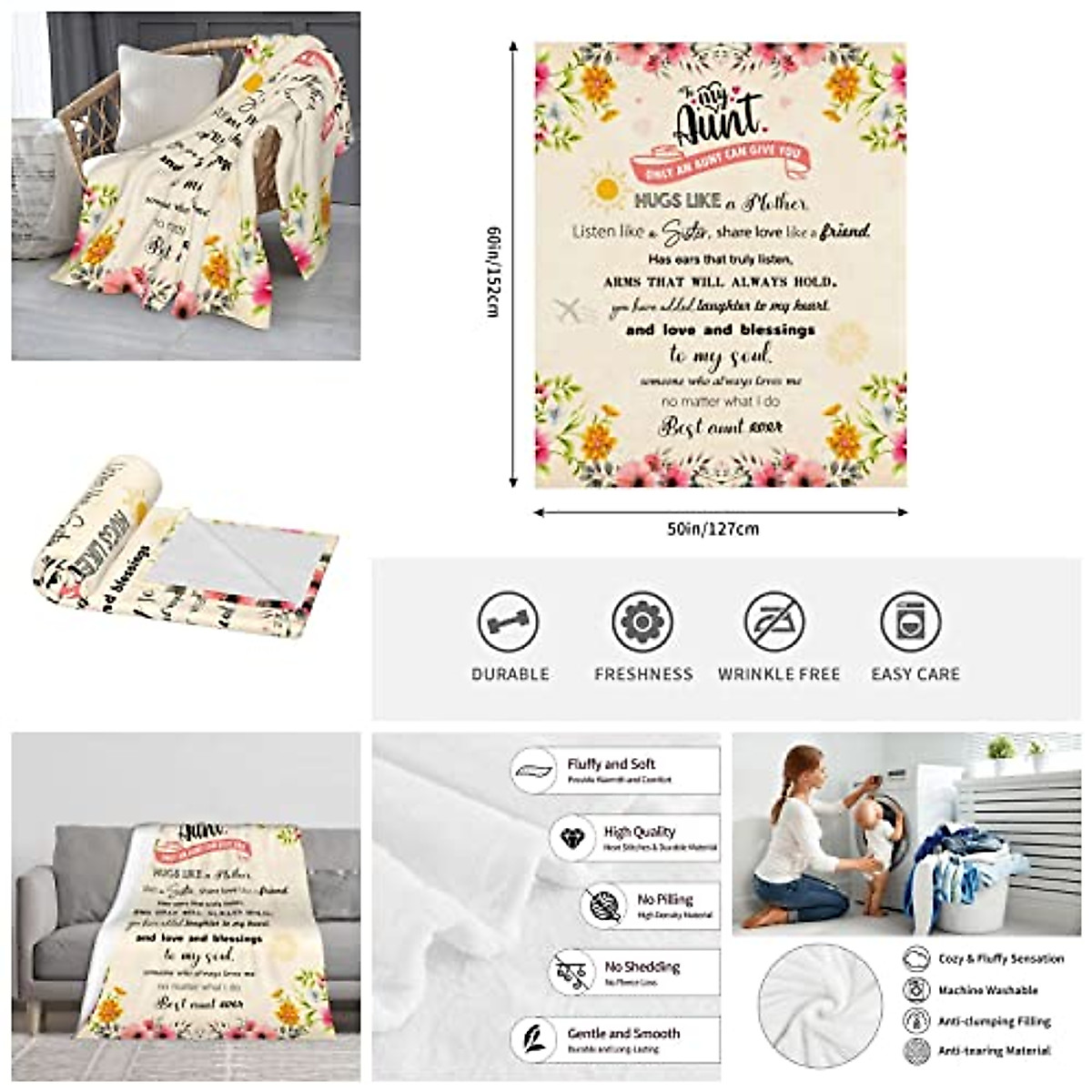 Tsefiwo Mothers Day Aunt Gifts Throw Blanket - Aunt Gifts from Niece - Birthday Gifts for Aunt - Best Aunt Ever Gifts - Gifts for Aunts from Niece - Auntie Gifts 60x50 Inch