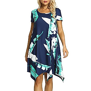 Invug Women Casual Loose Soft Crewneck Short Sleeve Pockets Swing T-Shirt Zigzag Hem Dress Green Leaf 3XL