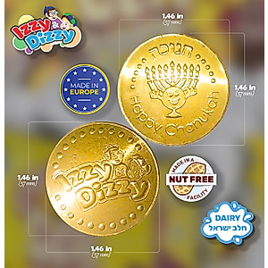 Izzy 'n' Dizzy Hanukkah Gelt Coins Chocolate, Kosher Milk Chocolate Coins Nut Free (Dairy), Filled with Menorah Embossed Hanukkah Gelt Coins (12 Mesh Bags)
