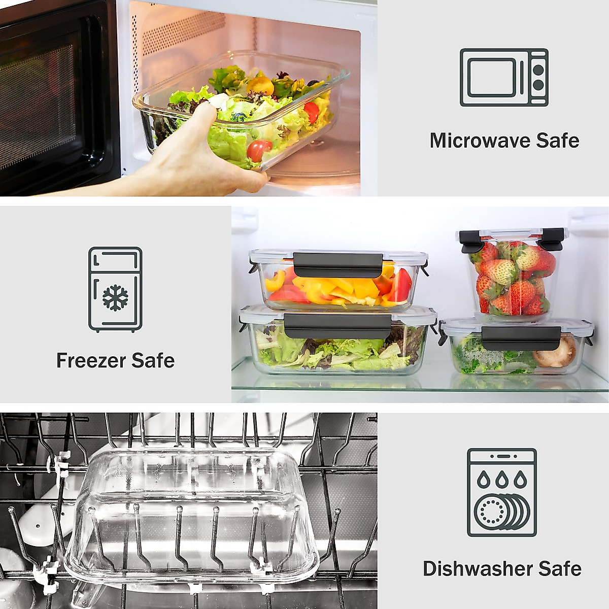 Moretoes 14pc Glass Food Storage Containers, Glass Soup Canisters with Lids Set, Airtight Glass Meal Prep Containers with Lids for Microwave, Oven, Freezer & Dishwasher Friendly, Grey