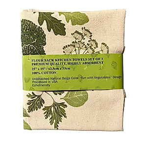 Unbleached Cotton Ecofriendly Flour Sack Kitchen Towels Set of 3 Premium Quality, Highly Absorbent, Vegetable Print