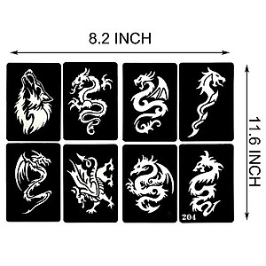 Kotbs 4 Sheets Temporary Tattoo Stencils, 32pcs Animal Patterns Henna Tattoo Stencil Kit Temporary Glitter Airbrush Tattoo Stencils Arabian Tattoo Stickers for Face Body Paint Art