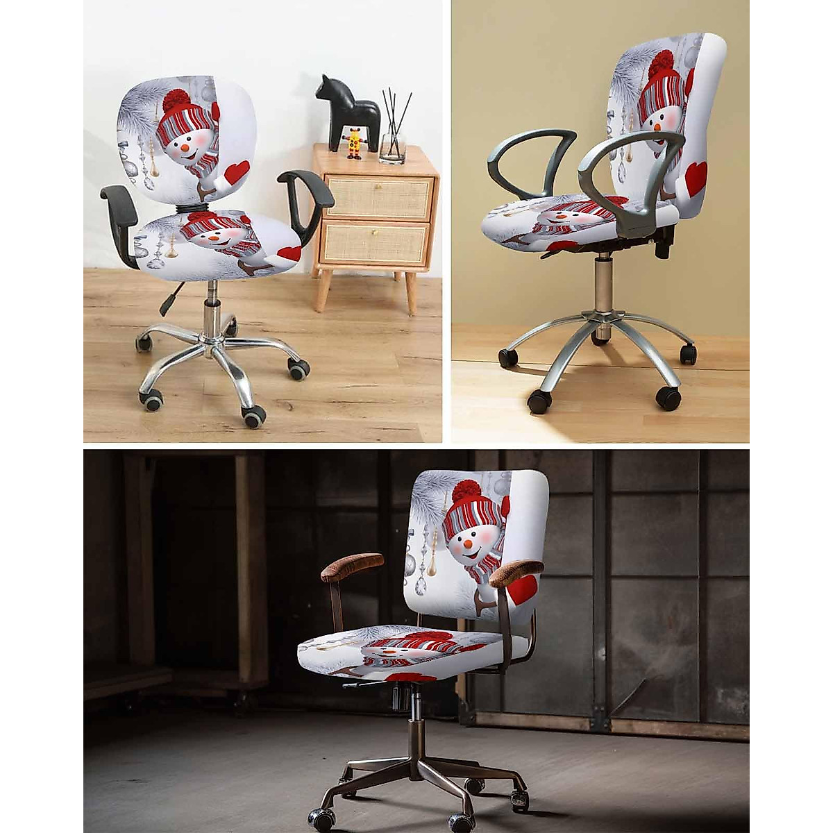 Christmas Snowman Red Office Chair Cover Stretchable Computer Chair Seat Cover Backrest Slipcovers, Stretchable Rotating Desk Chair Seat Cushion Split Protectors Xmas Ball Silver Pine Tree Branch