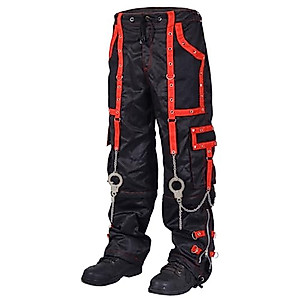Gothic Men's Bondage Gothic Cyber Pant Chain Techno Rock Punk Shorts Trouser Pants/USA (36) Black/Red
