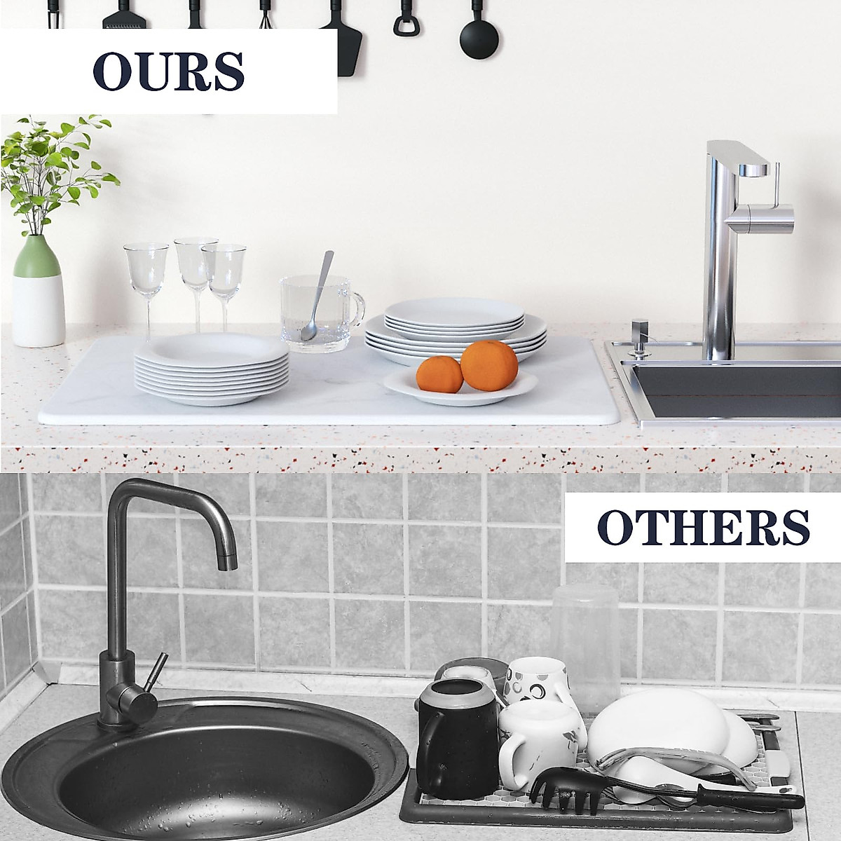 Parutta Large Stone Dish Drying Mat for Kitchen Counter, 23.6"(L)×15.4"(W), Quick Drying Diatomaceous Earth Stone Pad, Ultra Absorbent, Non-Slip, Heat Resistant Mat, Whtie Marble