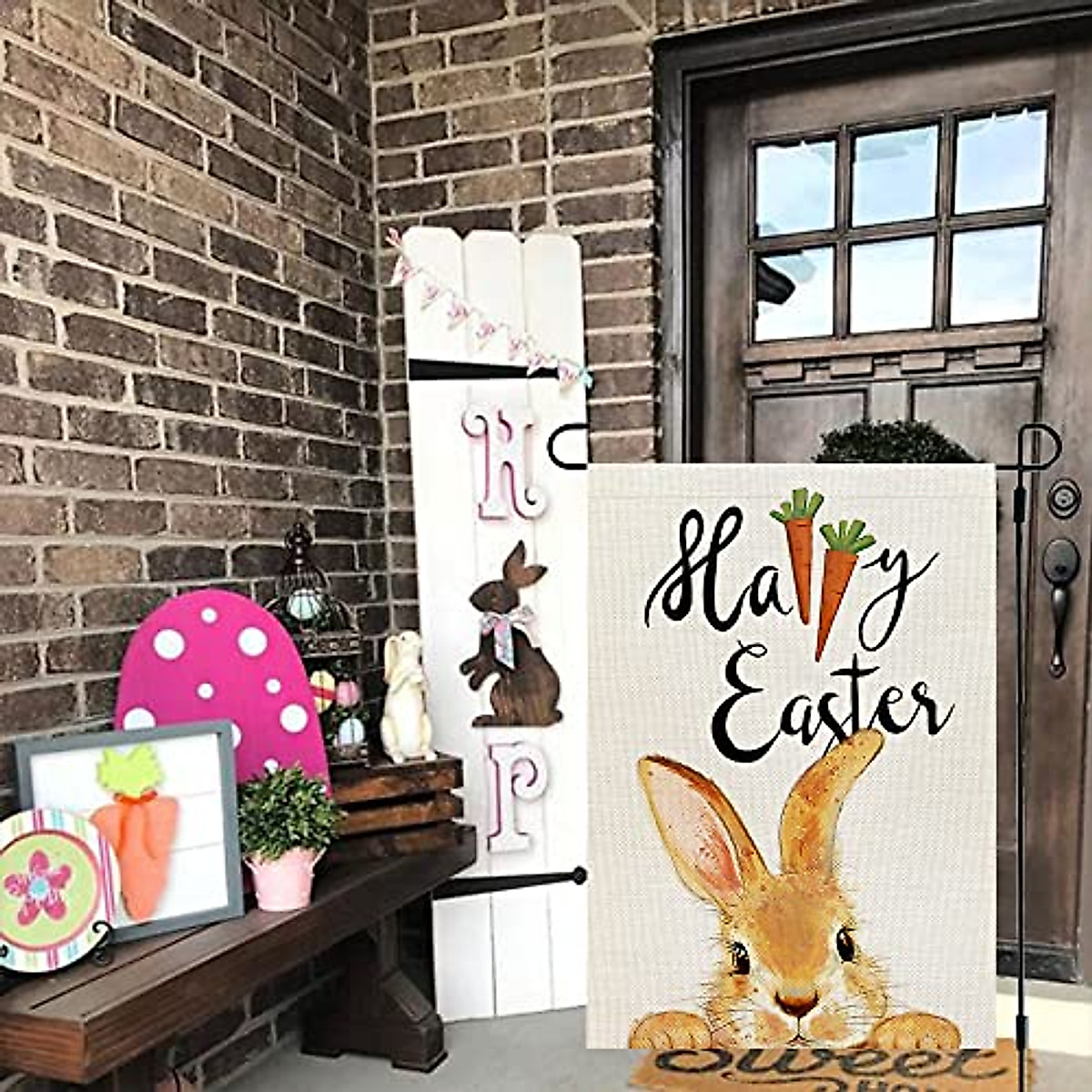 CROWNED BEAUTY Happy Easter Bunny Garden Flag 12x18 Inch Double Sided for Outside Burlap Small Yard Holiday Decoration CF697-12