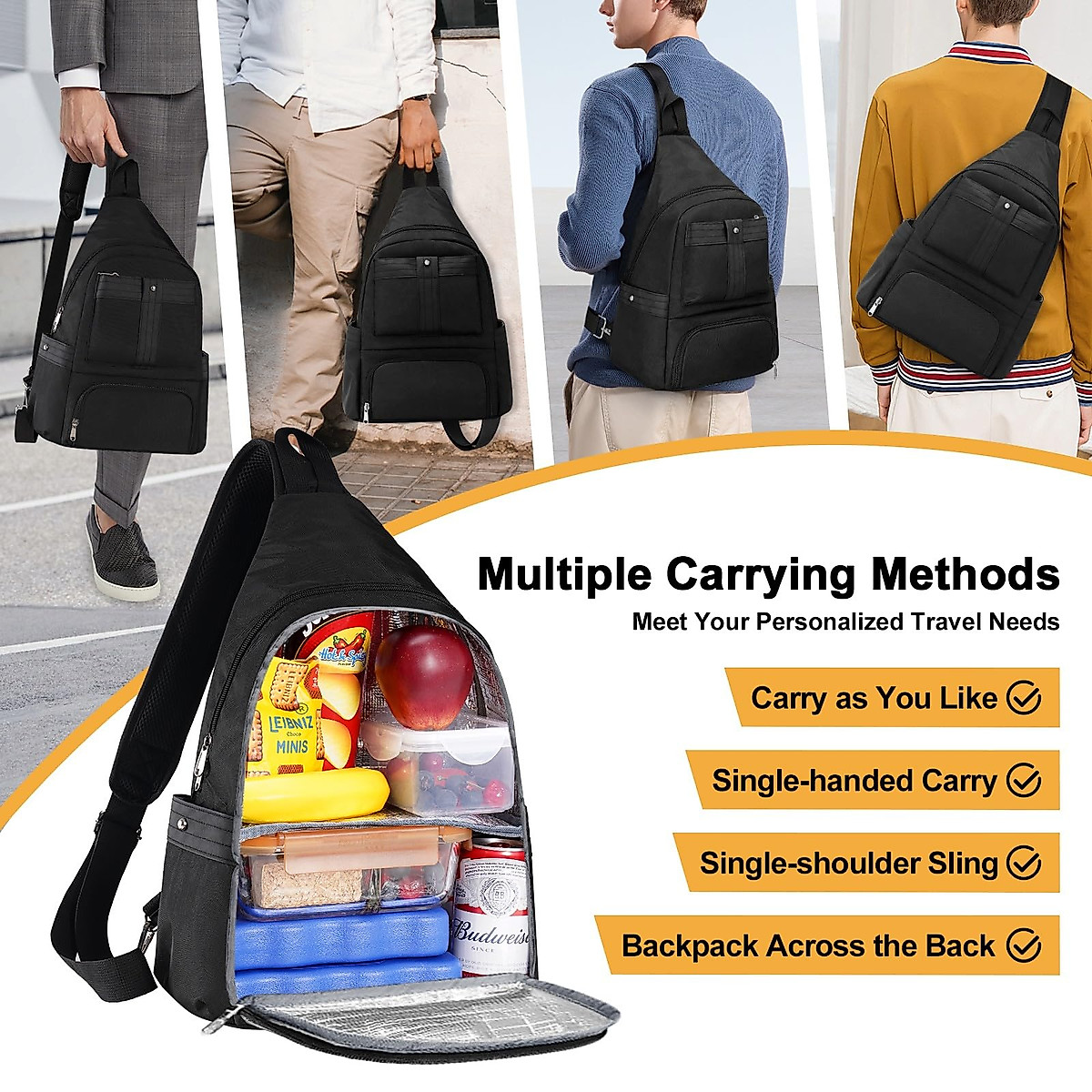 HesLaus Crossbody Lunch Backpack, Double Deck Large Insulated Lunch Box for Men Women Adult, Leakproof Lunchbox with Side Pokets for iPad, Small Cooler Bag for Work Office Hiking Beach Picnic, Black