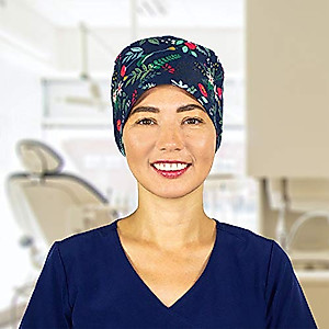 Working Cap with Button and Sweatband Adjustable Tie Back Bouffant Hats Printed Multi Color for Woman Man