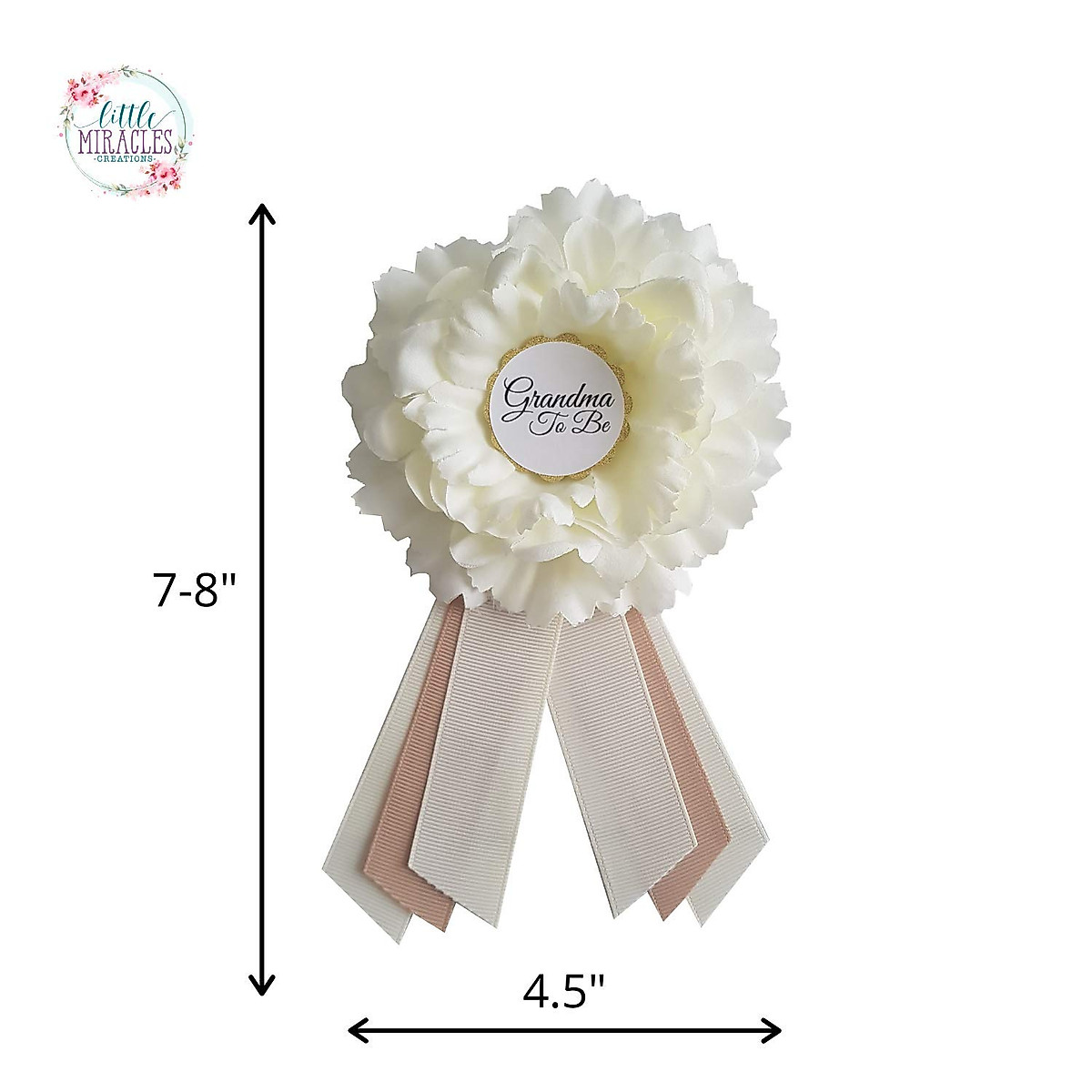 Mom To Be Sash and Dad To Be Pin By LMC | Baby Shower Belly Sash and Corsage | USA Handmade | Heat Sealed Ends | Ivory and Beige (Grandma to be pin)
