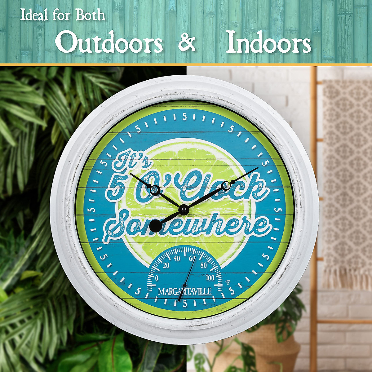 La Crosse Technology 433-3841MV2T 15.75" Indoor/Outdoor Quartz Clock with Temp-Margaritaville It’s 5 O’Clock Somewhere