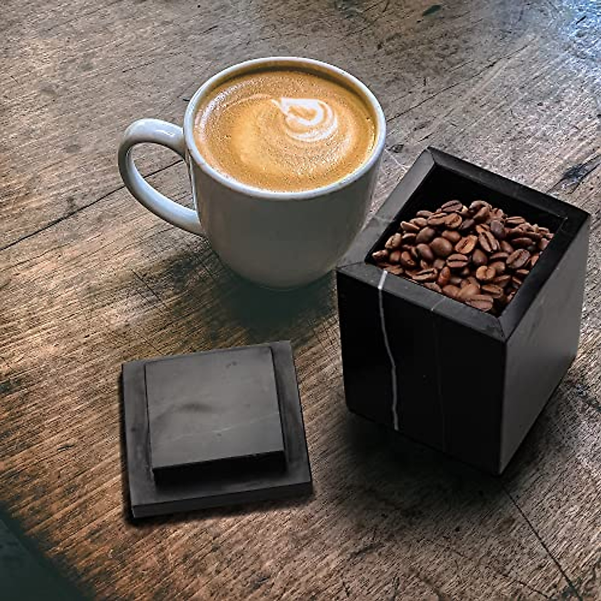 WORHE Marble Cotton Swab Ball Holder with Lid Black Marble Canister for Qtips Jewelry Necklace Ring Earring Coffee Bean Canister Storage jar Gift Case (DLB202)