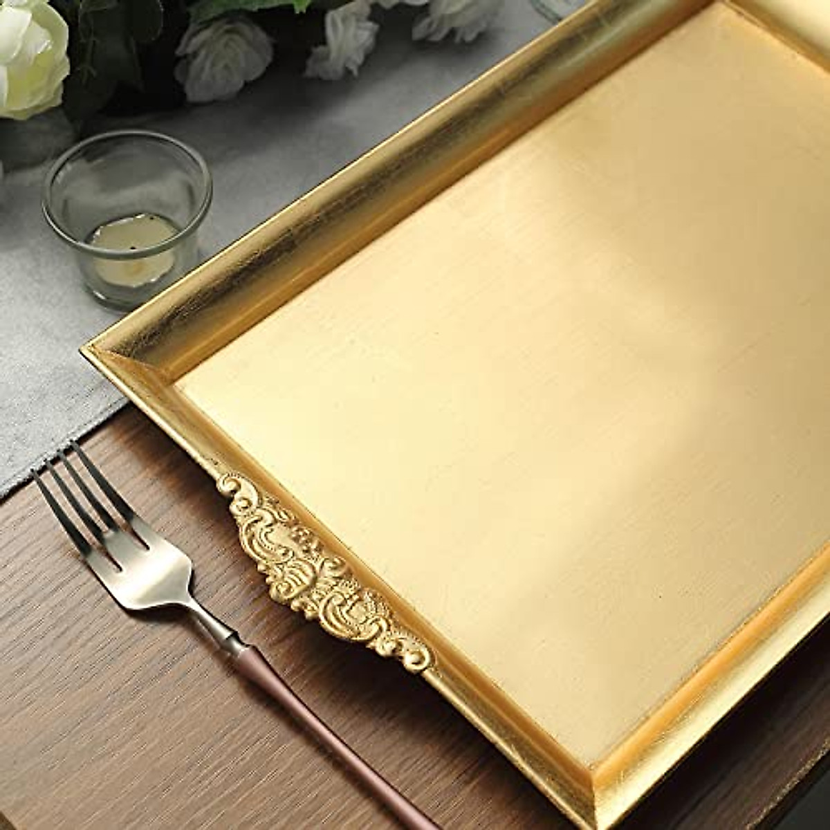 Efavormart 2 PCS - Gold 14" x 10" Rectangle Decorative Plastic Serving Trays with Embossed Rims for Wedding Birthday Party