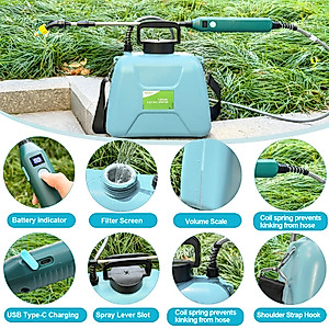 SideKing 1.35 Gallon/5L Battery Powered Sprayer, Electric Sprayer with USB Rechargeable Handle, Battery Indicator, Garden Sprayer with Telescopic Wand, 3 Nozzles, Adjustable Shoulder Strap (Blue)