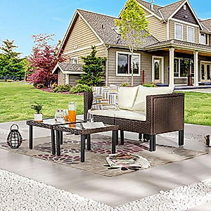 LOKATSE HOME 6 Pieces Patio Furniture Outdoor All Weather Wicker Conversation Sets with Brown Rattan Sofa Chair, Cushions and Coffee Glass Table, Beige