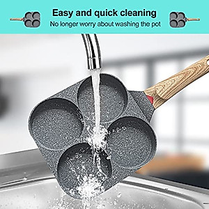 NGORAY Pancake Egg Frying Pan Nonstick Mini - 4 Cups Omelet Poached Egg Pan for Breakfast Divided Coating with Non Sticking Handle Suitable Pancakes for All Stoves Top (Wood grain handle)