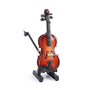 Dselvgvu Wooden Miniature Violin with Stand, Bow and Case Mini Musical Instrument Violin Replica Collectible Figurines Dollhouse Accessories Model Home Decoration Display Ornament (3.15"x1.18"x0.59")