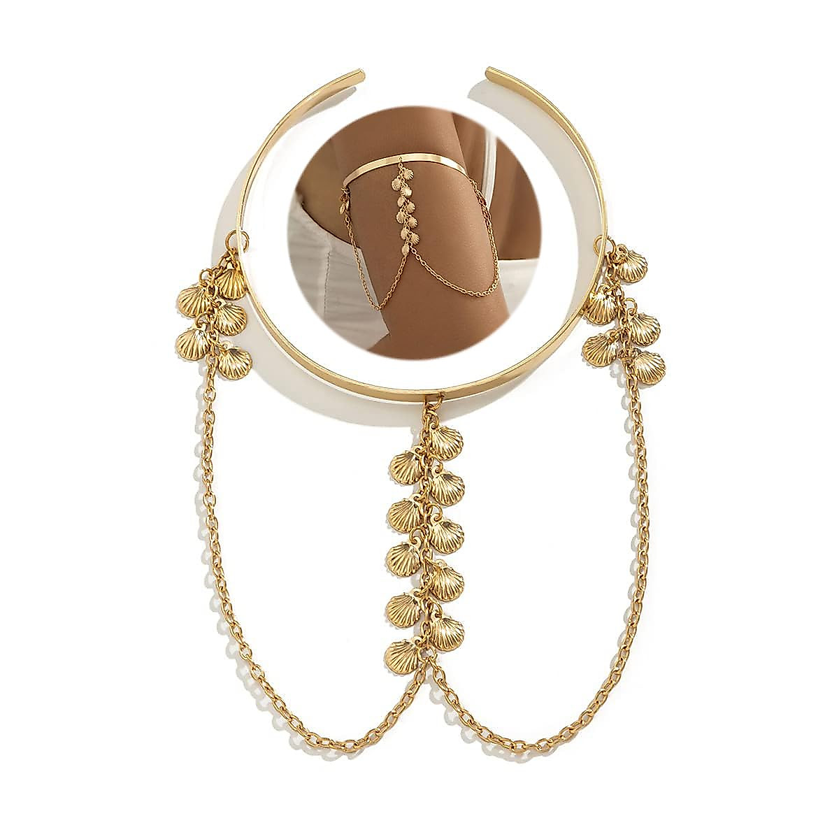 Bethynas Punk Chain Tassel Upper Arm Cuff Cute Butterfly Disc Shell Star Coin Leaf Charm Pendant Arm Bracelet Bangle Open Greek Armlet Beach Wedding Prom Party Accessories for Women (Gold shell)