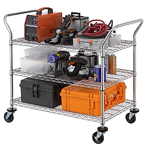 Finnhomy 3-Tier Commercial Grade Rolling Cart, Heavy Duty Utility Cart, Carts with Wheels and Handles, Kitchen Cart on Wheels, Metal Serving Cart with 600 lbs Capacity, Shelf Size 24" D x 40" W, NSF