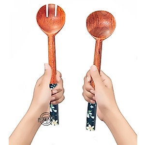 Antique Vibes Natural Wooden Serving Bowl with Tongs Set, Spoons & Fork Included, Premium Handcrafted Printed Bowl Utensils Gift For Mom/Women