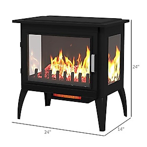HOMCOM 24" Electric Fireplace Stove, Freestanding Fire Place Heater with Realistic Logs Flame, Adjustable Temperature, Overheat Protection, 1000W/1500W, Black