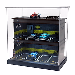 Hot Diecast Wheels Display Case - 1/64 Scale Die-cast Model Car Display Case with LED Light and Acrylic Cover, Wooden Parking Garage in 3 Floors with 10 Parking Spaces (D5)