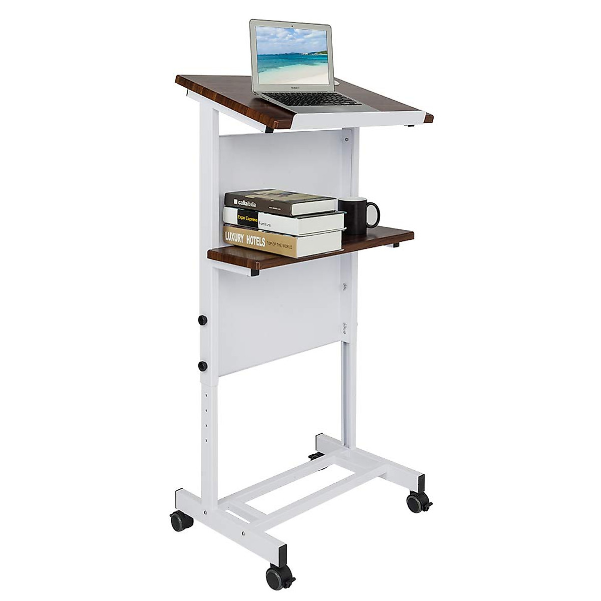 Bonnlo Mobile Stand Up Lectern Podium with Wheels, Portable Heavy Duty Desk, Height Adjustable Church Pulpit or Ceremony, Classroom Lecture Speech Teach Platform, Walnut Tabletop and White Steel Frame