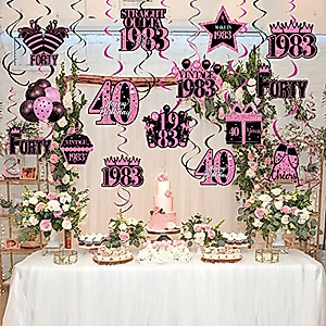 40th Birthday Decorations Women, 45pcs Happy 40 Birthday Party Supplies, 1983 40th Birthday Hanging Swirls for Her, Pink Dangling Spinners Foli Decor, Forty Years Old Bday Ceiling Party Favors